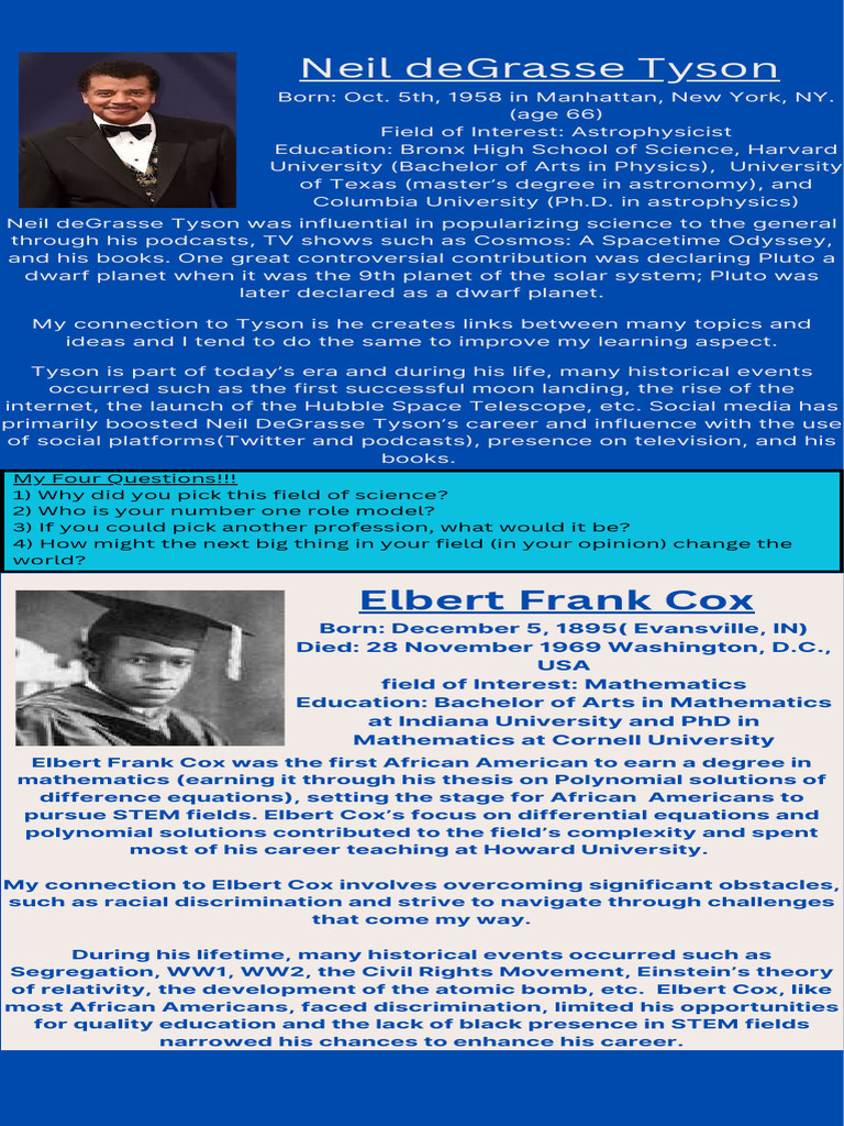 Neil DeGrasee Tyson and Elbert Frank Cox Infographic | PDF | Physical Sciences | Astronomy