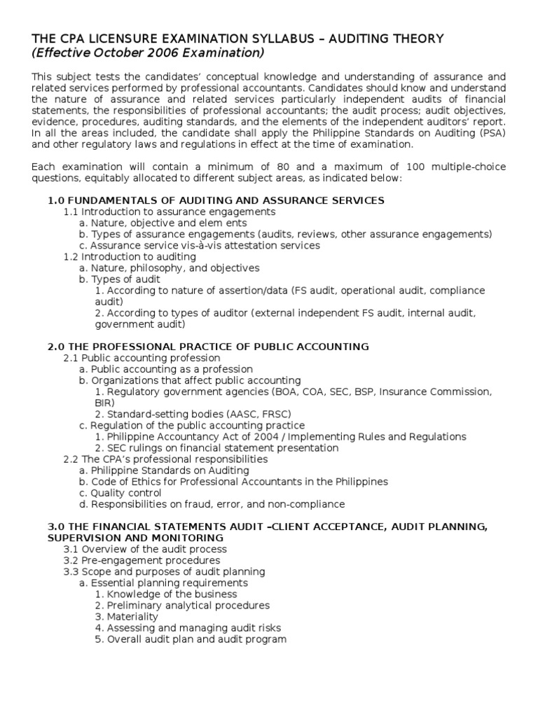 CPA Exam Syllabus: Auditing Theory | PDF | Financial Audit | Audit
