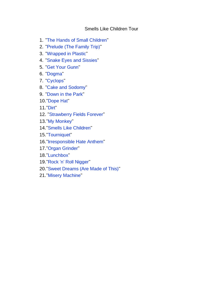 Smells Like Children Tour Setlist | PDF