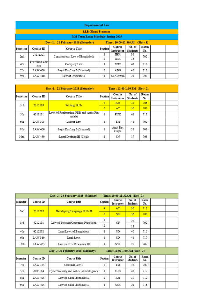 Mid Exam Schedule_SPRING-25 Revised_[Student Version]. | PDF | Justice | Crime & Violence