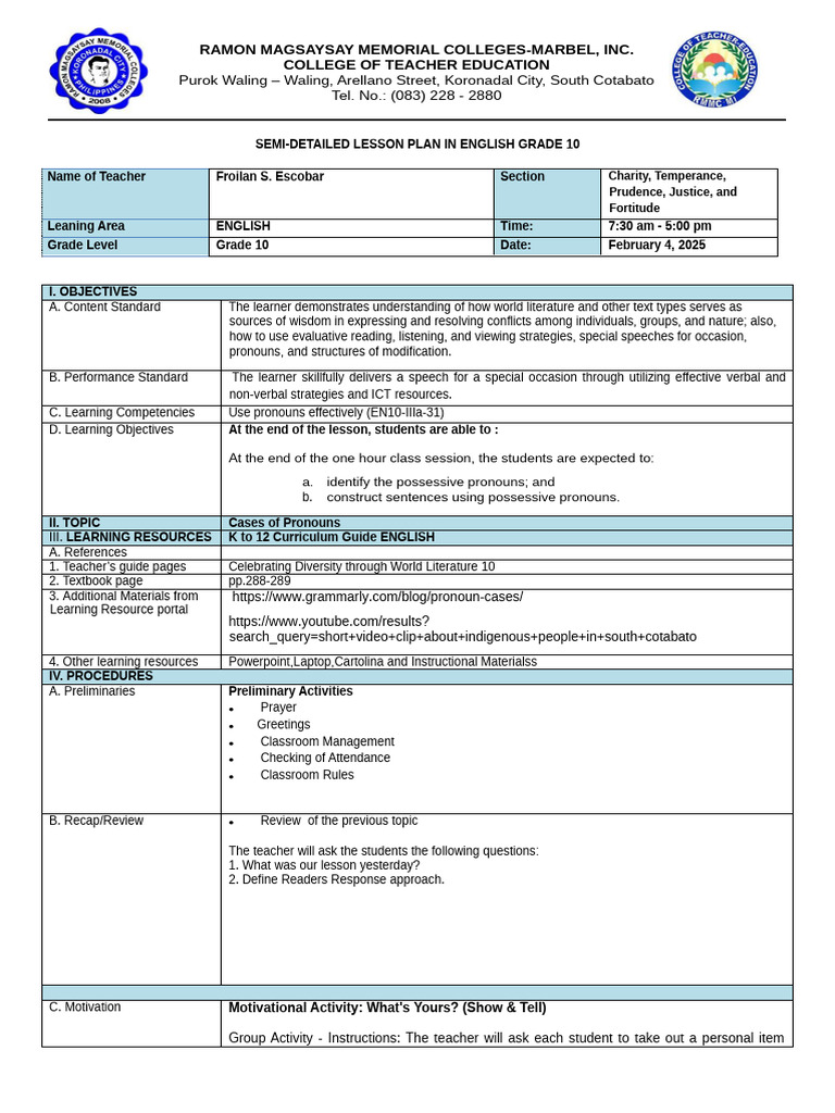 Grade 10 English Lesson Plan: Pronouns | PDF | Noun | Pronoun