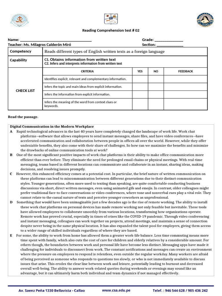 Reading Comprehension Test Unit 1 Reading 2 | PDF | Communication ...