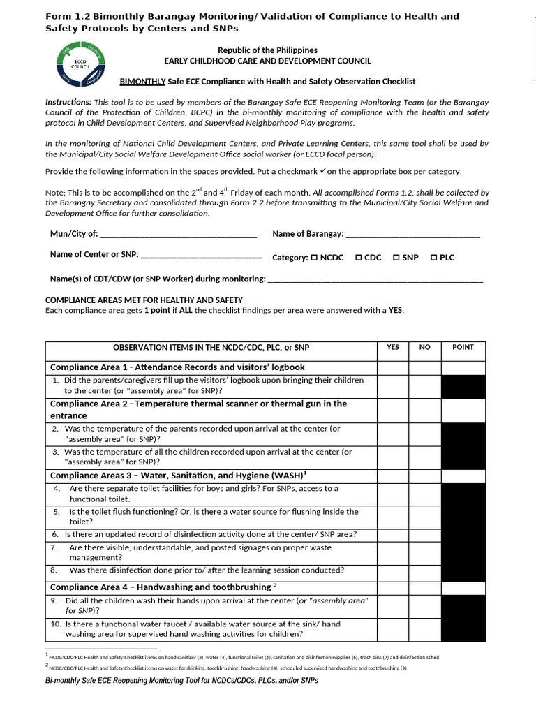 ECCDC Form 1.2. Bimonthly Center SNP Compliance Checklist 1 | PDF | Hand Washing | Single ...
