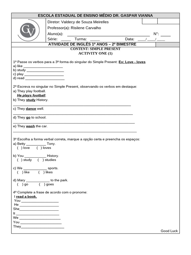Ativ. 1 - Simple Present1º Anos 3º Bim.2024 | PDF