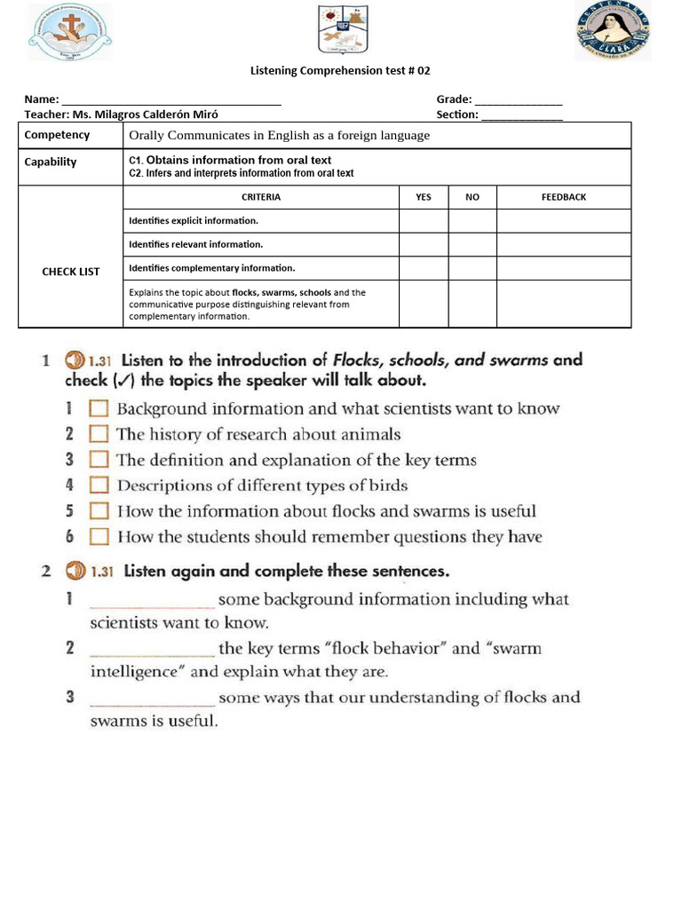5th Listening Comprehension Test 2 Fourth Quarter Pdf Cognition