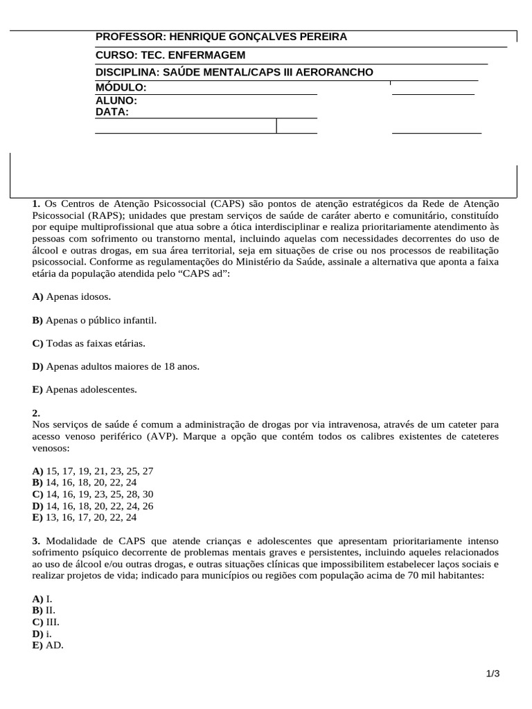 Prova Caps | PDF | Saúde mental | Medicina Clínica