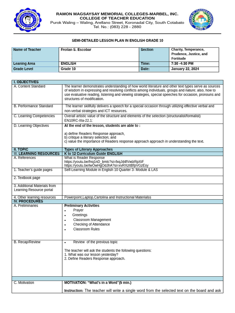 Feminist Approach Lesson Plan English 10 | PDF | Lesson Plan | Learning