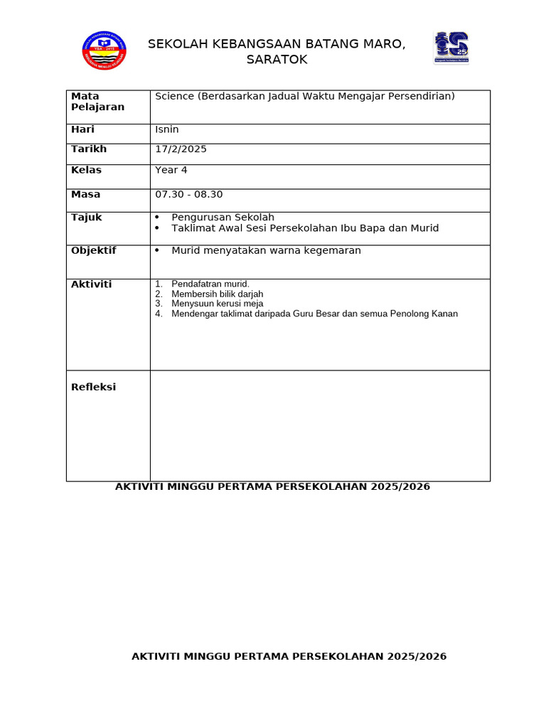 RPH Aktiviti Minggu Pertama Persekolahan 2025 | PDF