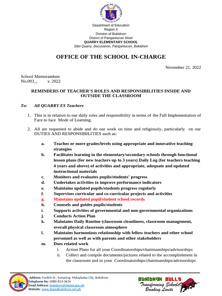 Teacher Responsibilities Memo for Quarry ES | PDF | Teachers | Classroom