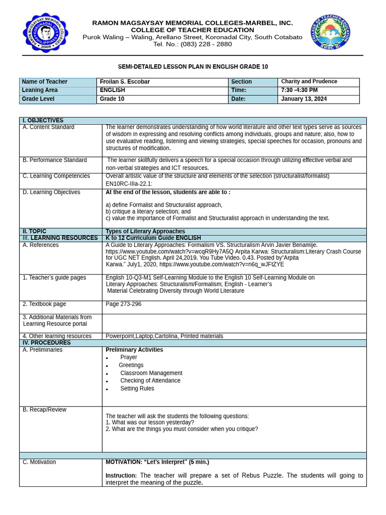 Grade 10 English Lesson Plan: Literary Approaches | PDF