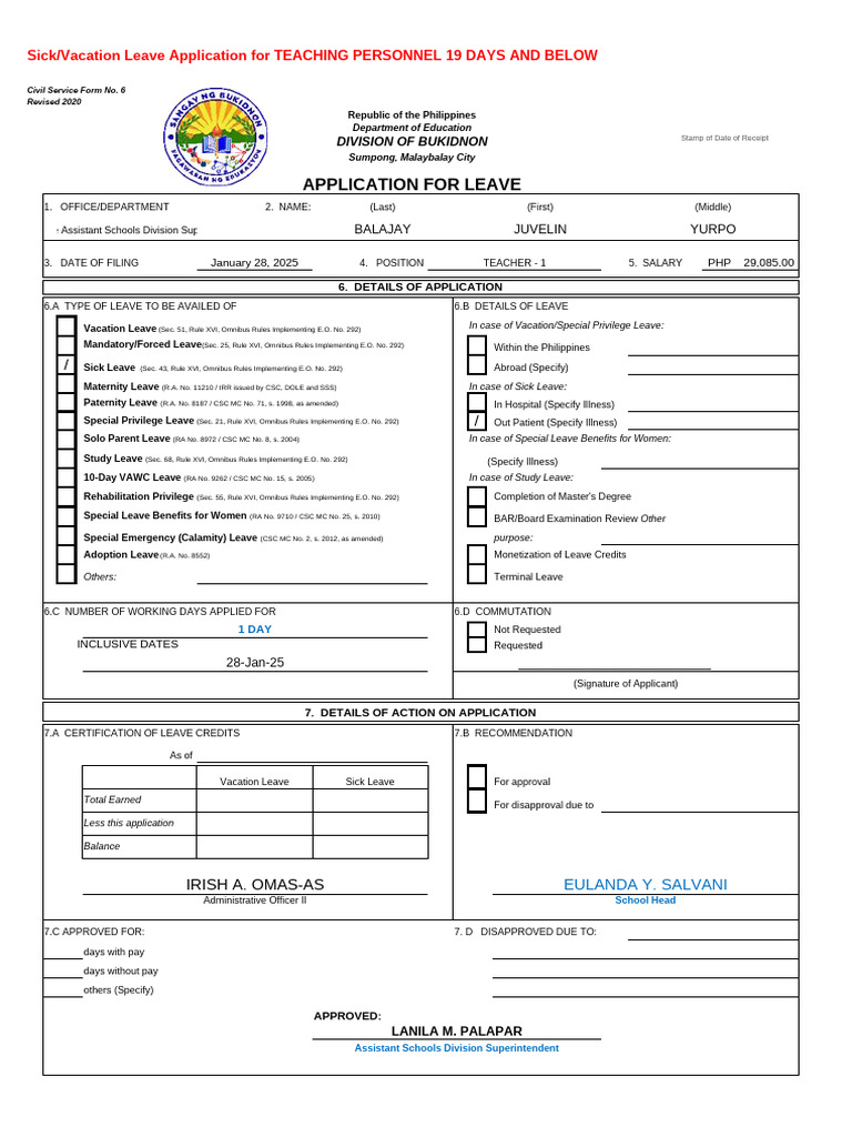 7. Csc Form 6 South Teaching 19 Days and Below | PDF | Parental Leave ...
