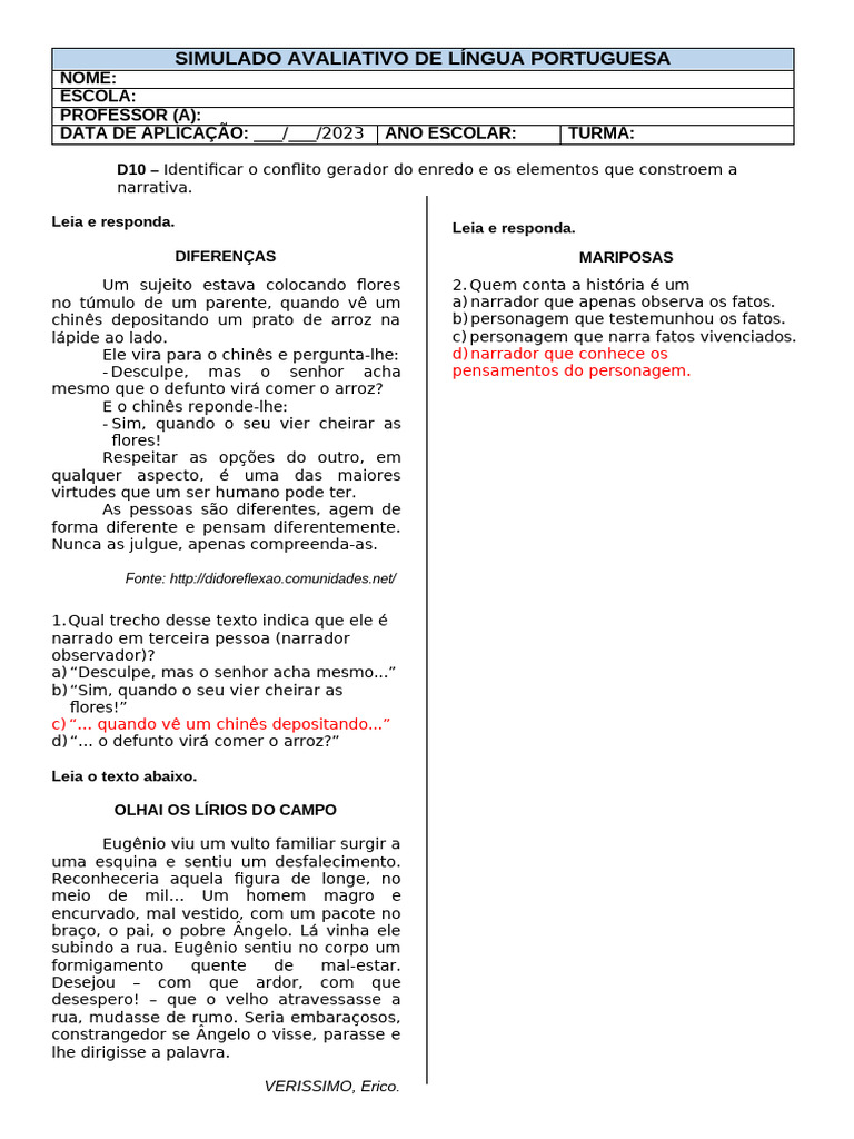 Atividades H-10 CAEd - 9º Ano | PDF | Narrativa | Sapo