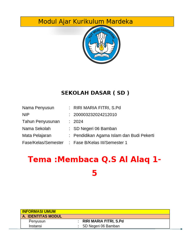 Modul Ajar Kelas 3 Bab 1 Membaca Surat Al Alaq 1 - 5 | PDF