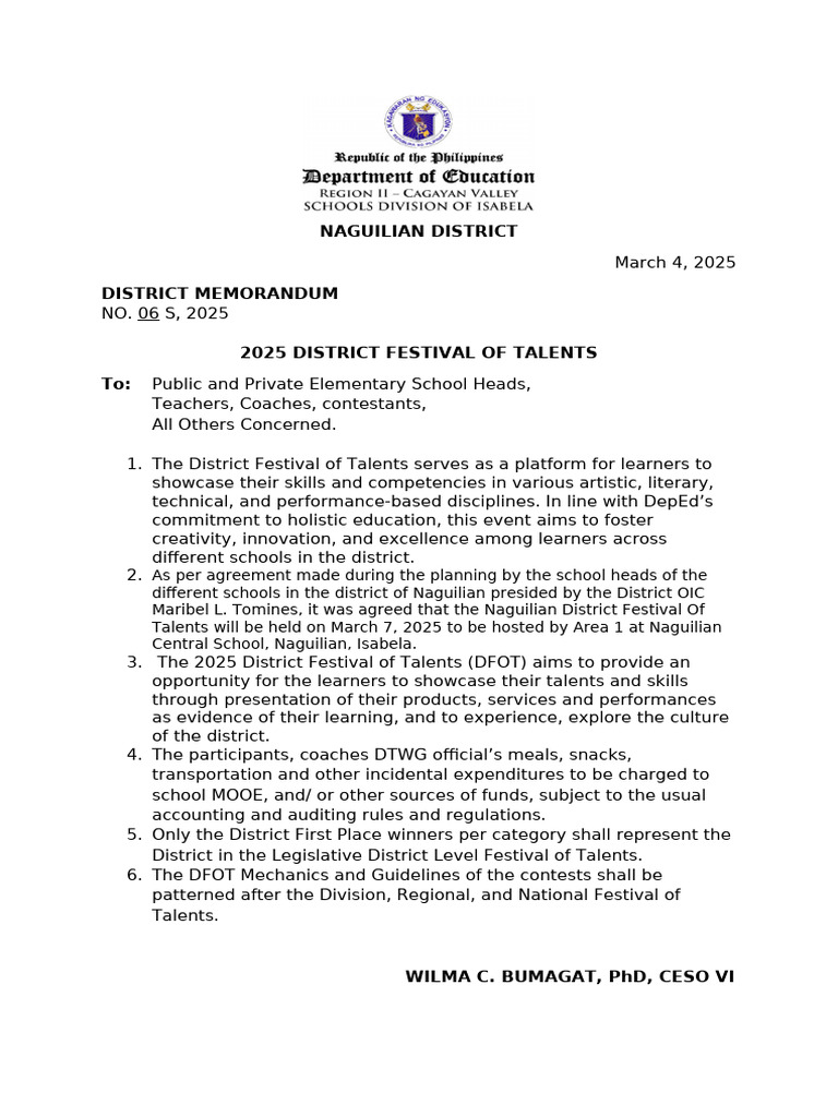 Dfot 2025 Naguilian District Memo | PDF | Behavior Modification ...