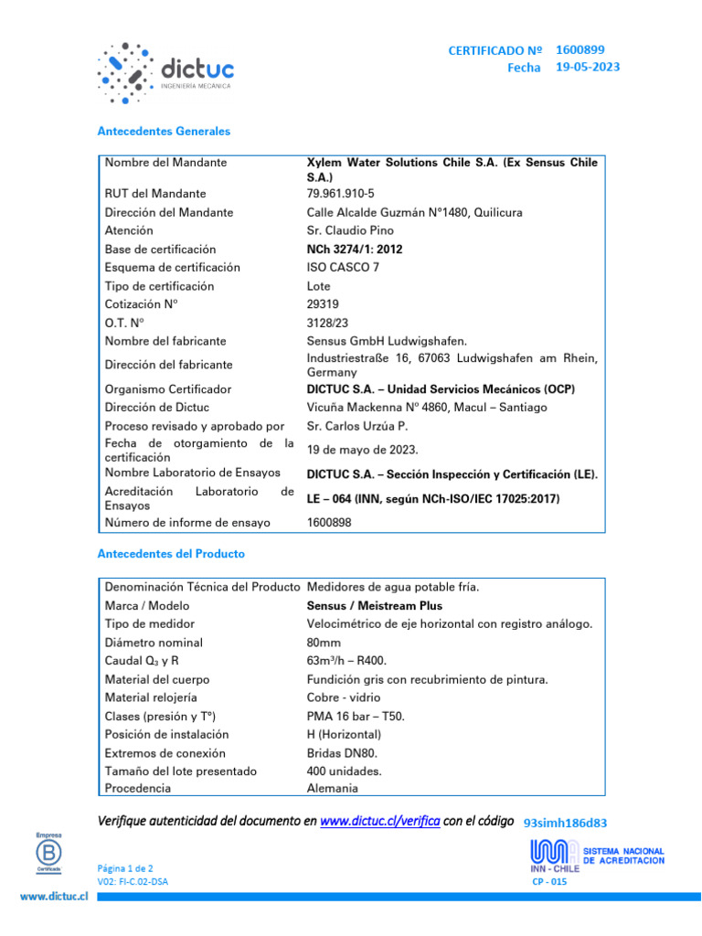 Certificado de Calidad Macromedidor DN 80 R400 Desde 23.753.094 Al 23.753.143 | PDF