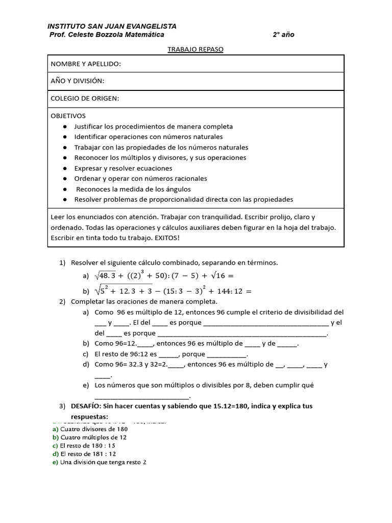 Trabajo Repaso 2° | PDF | Matemática Elemental | Matemáticas