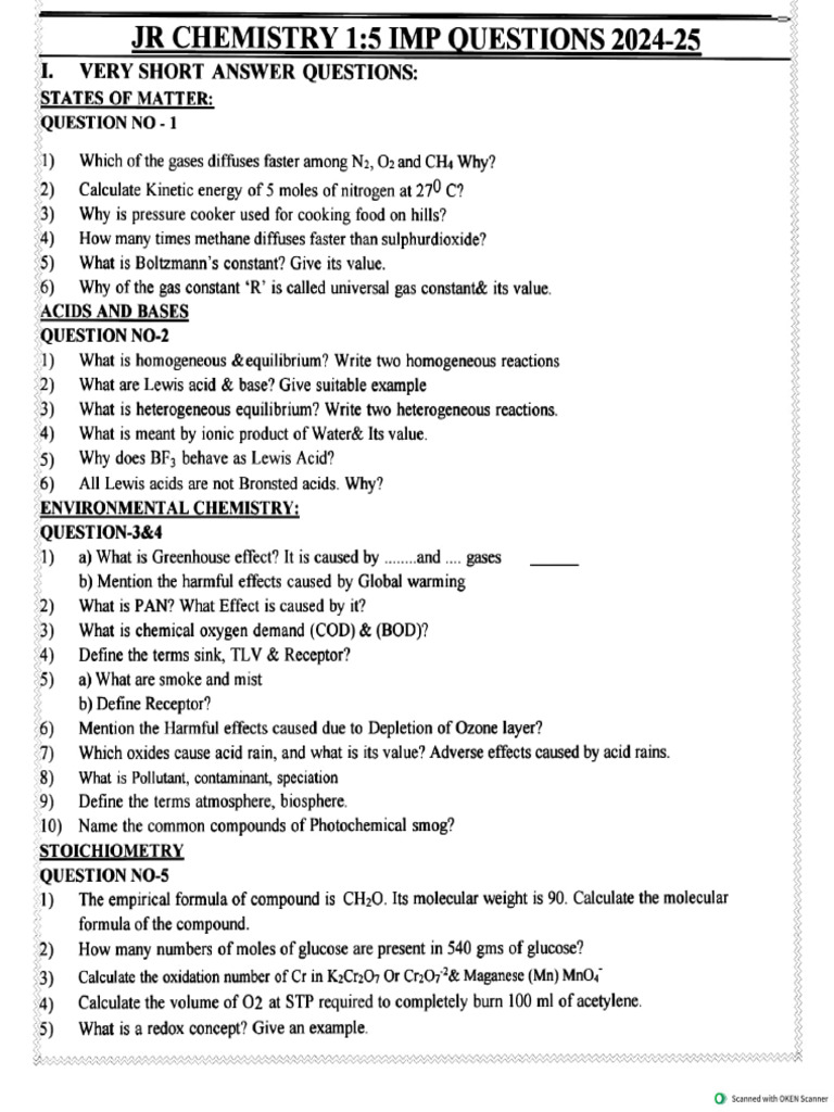 Ts JR Chemistry Imp Questions 2024-25-1 | PDF