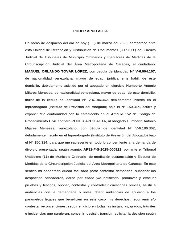 Poder Apud Acta | PDF | Abogado | Divorcio
