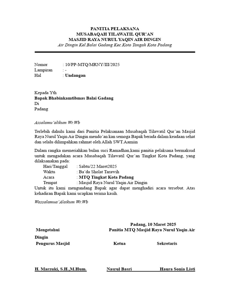 Undangan MTQ Kota Padang 2025 | PDF