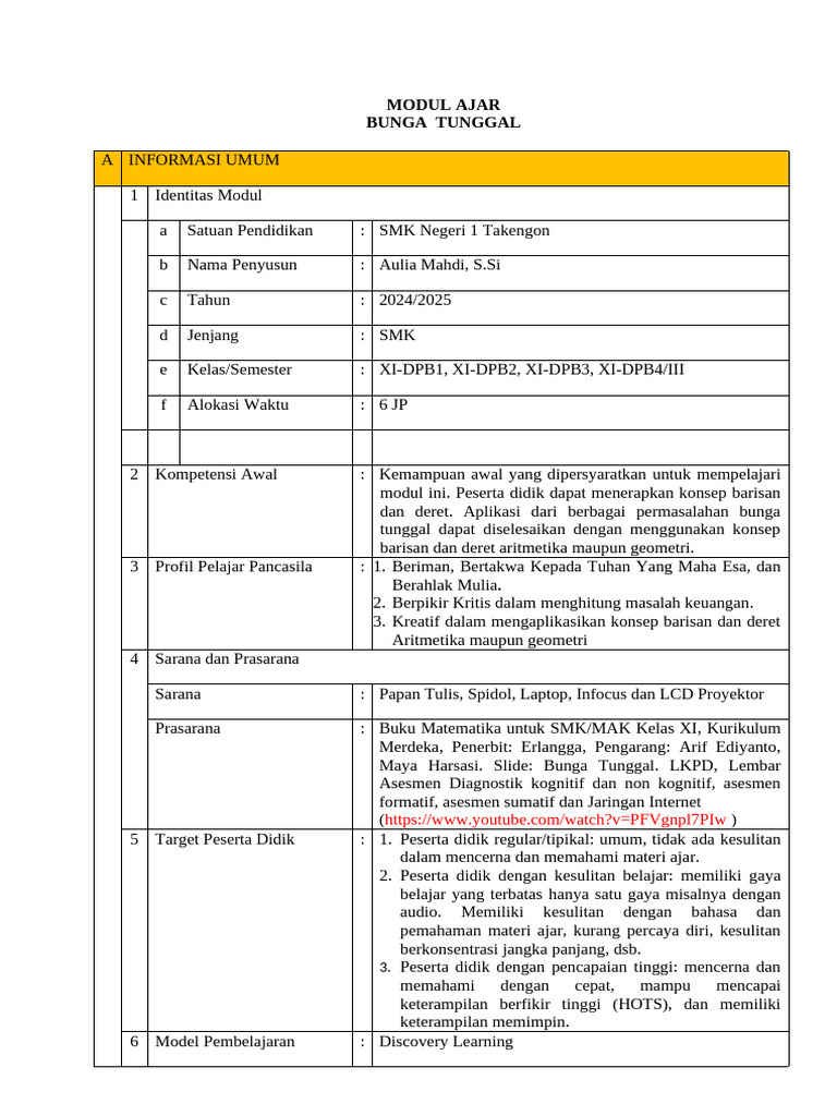 Modul Ajar Bunga Tunggal | PDF