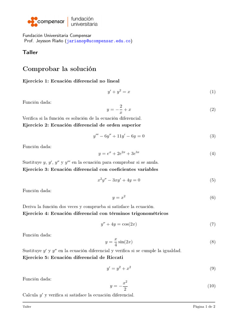 Taller Ecuaciones Diferenciales 1 | PDF | Ecuaciones | Ecuaciones diferenciales