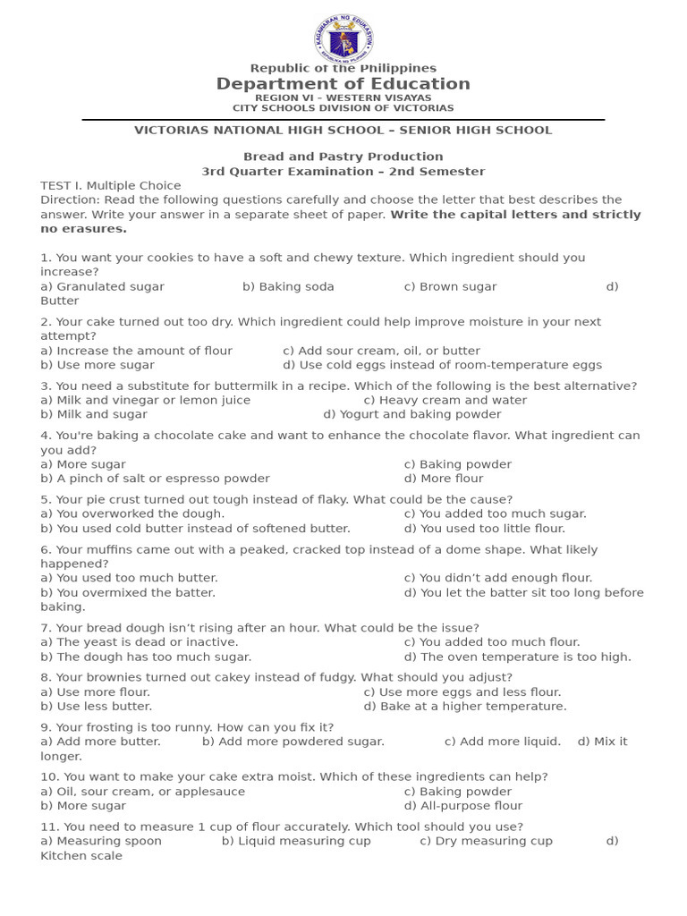 Exam BPP 3rd QUARTER Final Exam | PDF | Breads | Cakes