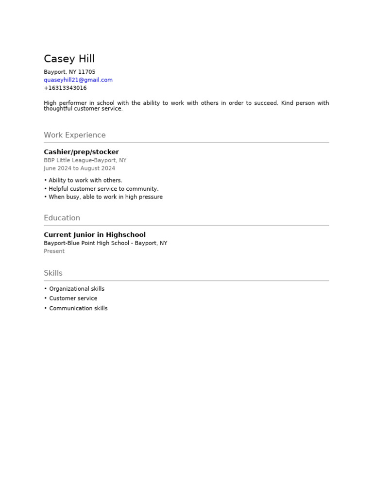 High School Student Resume - Casey Hill | PDF