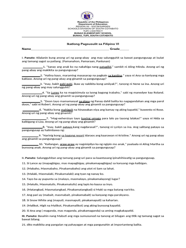 3rd Quarter Final Exam Fil.6 | PDF