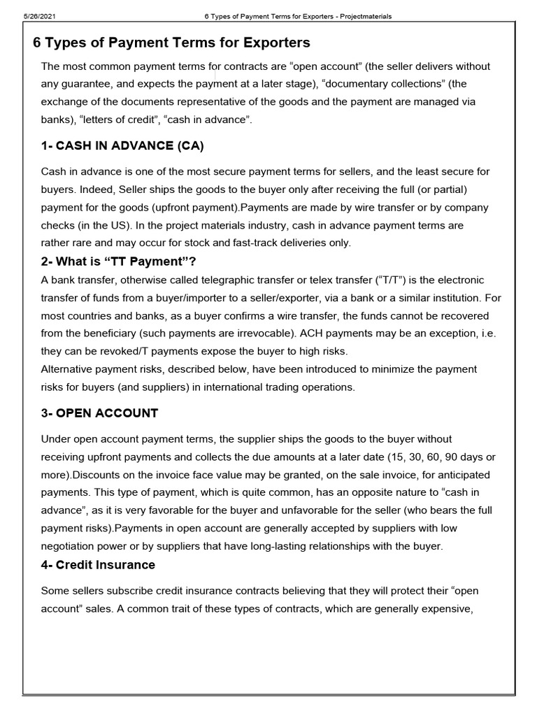 Export Payment Terms Explained | PDF | Letter Of Credit | Payments