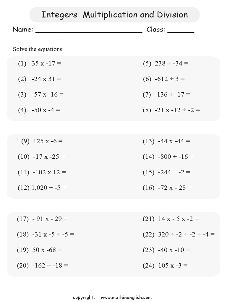 Integers Multiplication & Division Quiz | PDF