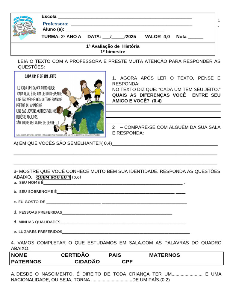 2.º Ano - Av 1 - Historia Ef02hi01 | PDF