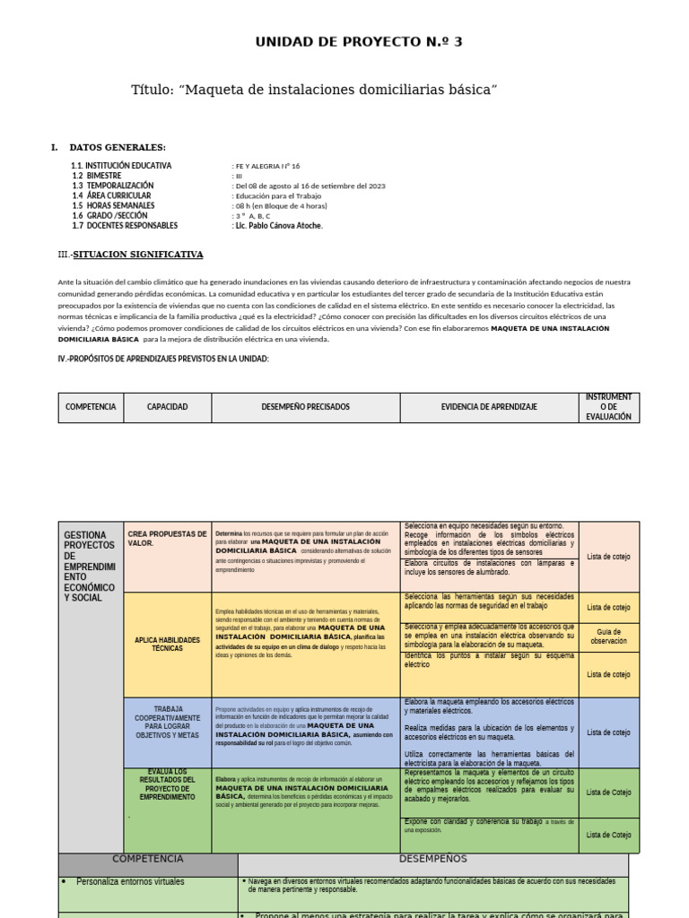 UNIDAD DE PROYECTO #3 - 3ro | PDF | Cableado eléctrico | Enseñando