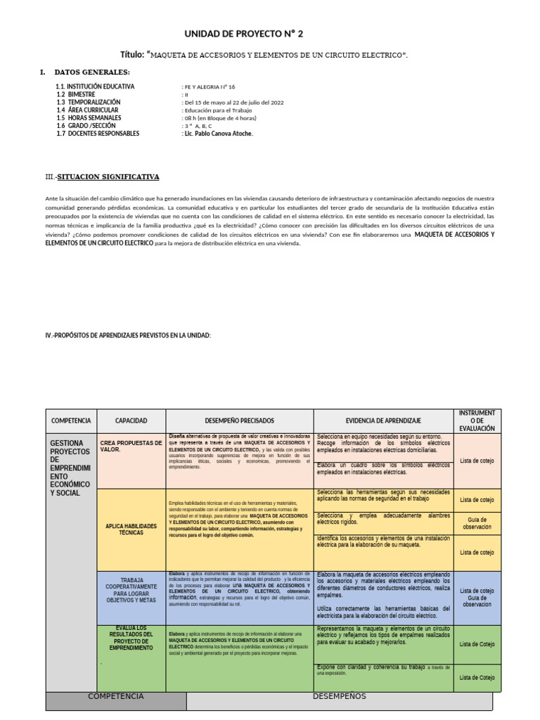 Unidad de Proyecto #2 - 3ro | PDF | Enseñando | Cableado eléctrico