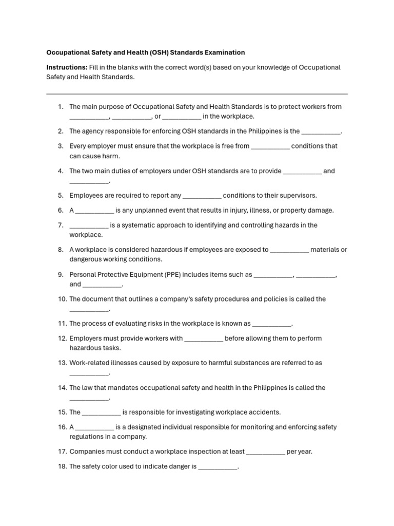 OSH Standards Examination Guide | PDF | Occupational Safety And Health ...