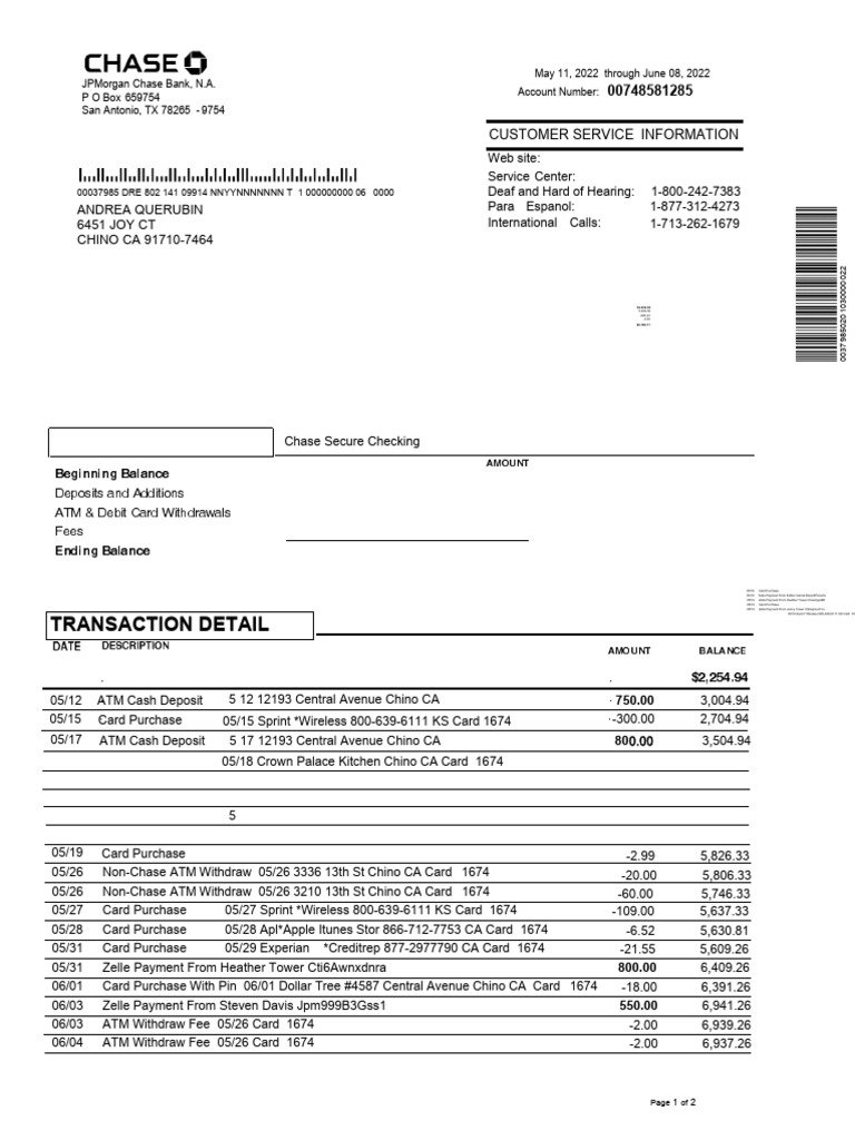 Chase Bank Statement Summary | PDF | Banks | Automated Teller Machine