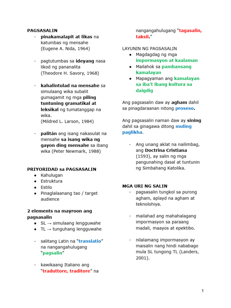 PAGSASALIN (College Reviewer) | PDF