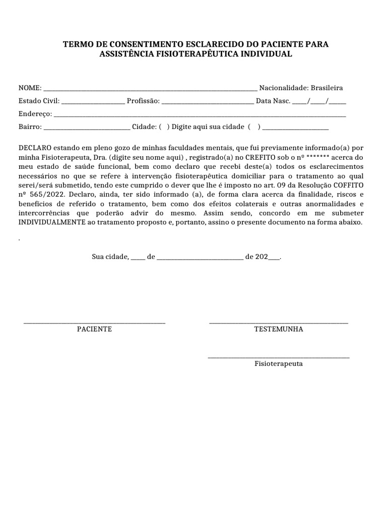 Termo de Consentimento Fisioterapêutico | PDF