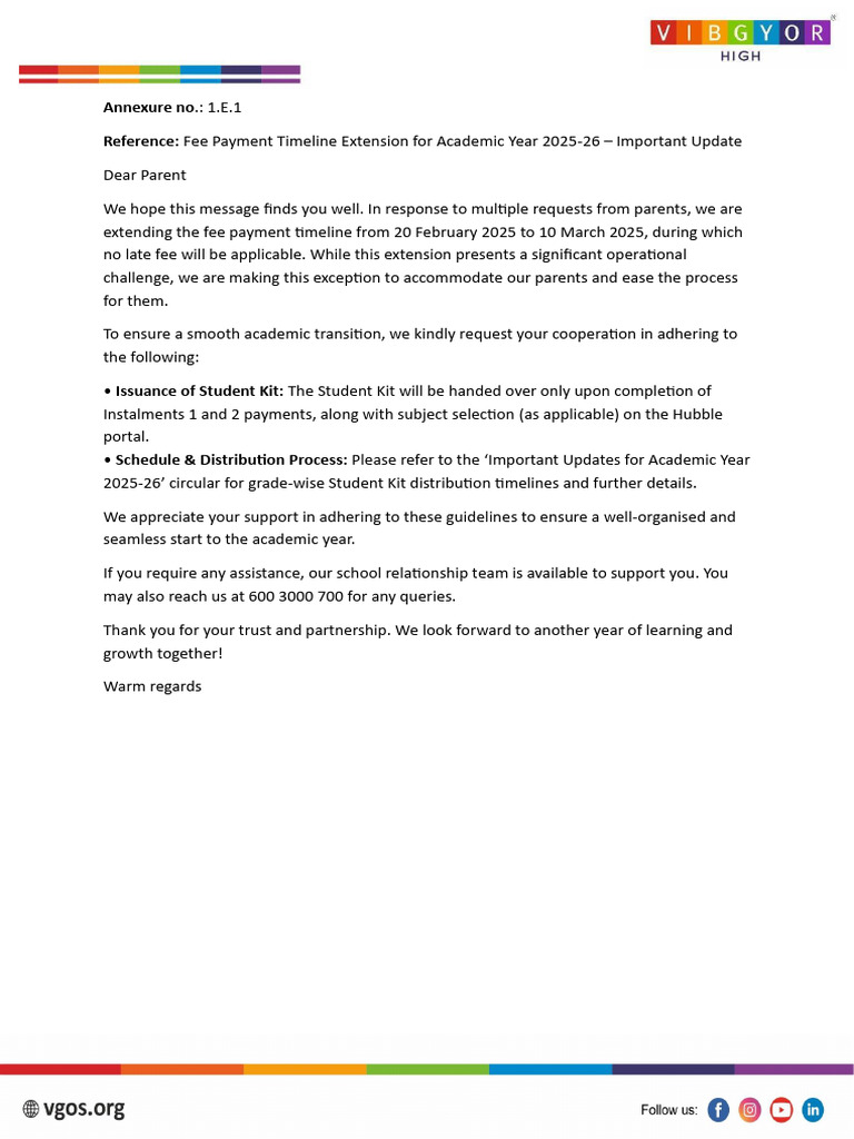 Annexure 1.e. 1 Fee Payment Timeline Extension For Academic Year 2025 26 - Important Update | PDF