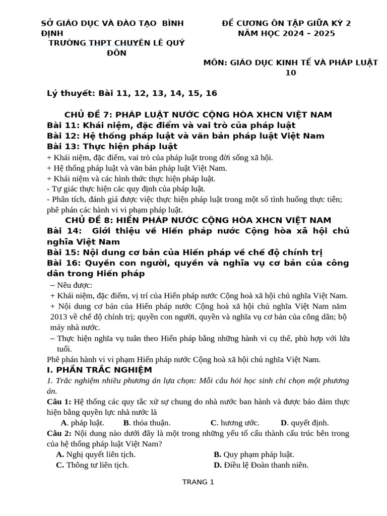 Đề cương - KTGK2 - 10 - GDKT&PL | PDF