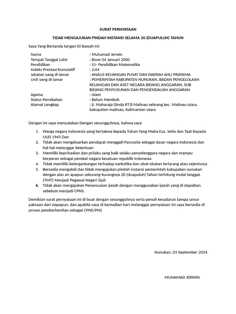 Surat Pernyataan Jerwin | PDF