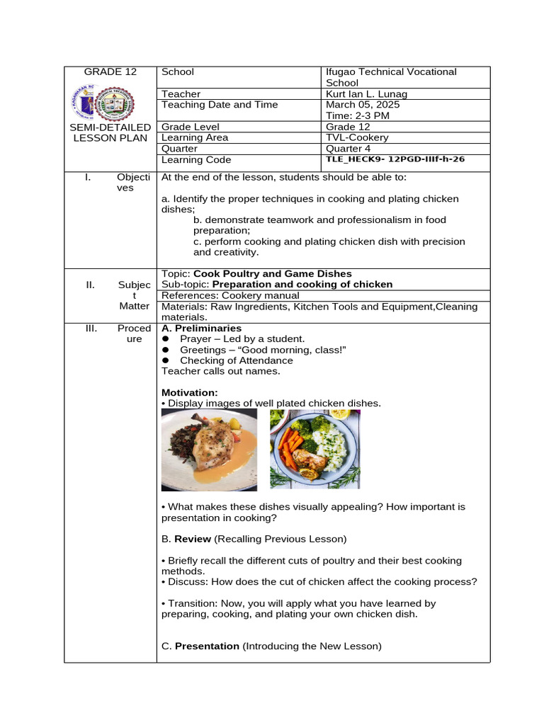 Grade 12 Cookery Lesson Plan: Chicken Dishes | PDF | Cooking | Learning