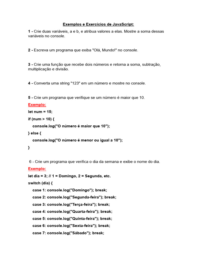 Exemplos e Exercícios de JavaScript | PDF