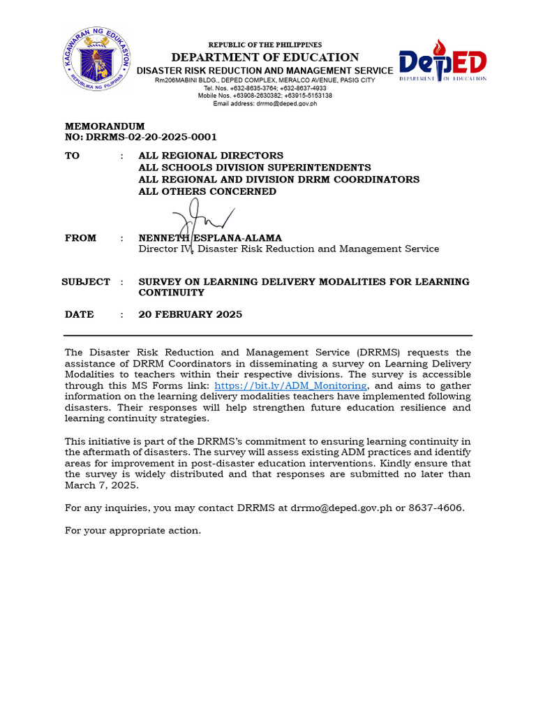 Memo - Survey On Learning Delivery Modalities For Learning Continuity | PDF