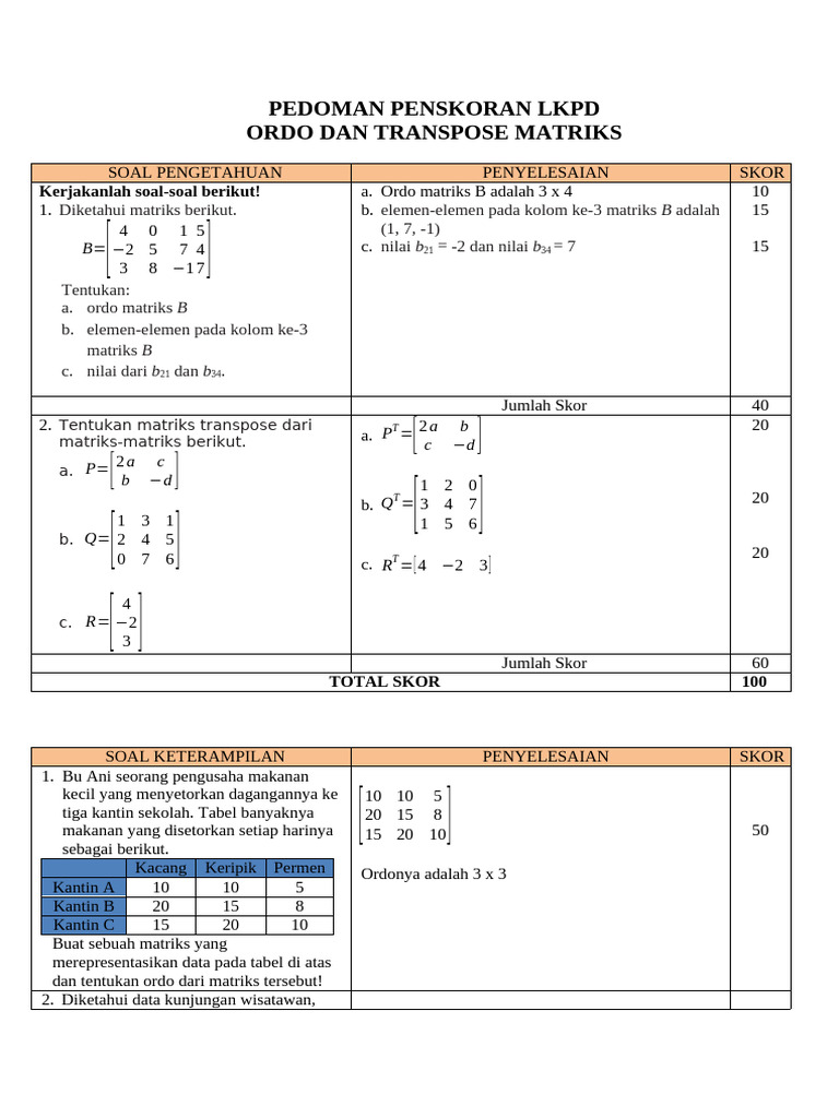 Pedoman Penskoran LKPD Ordo Dan Transpose Matriks | PDF