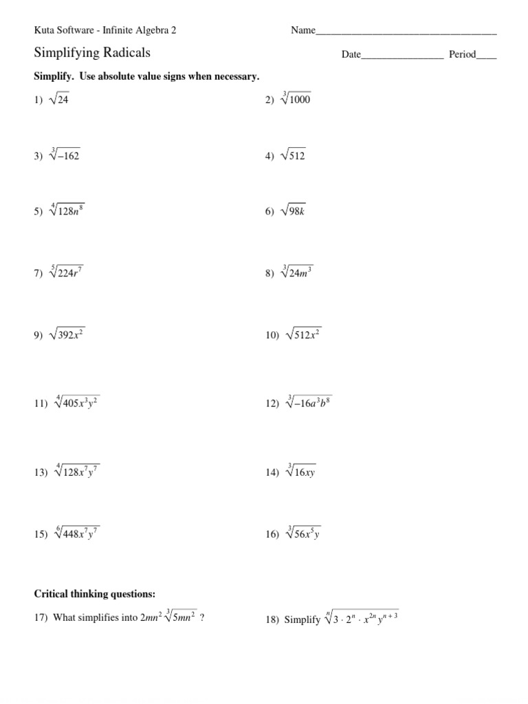 Simplifying Radicals Simplifying Radicals Kuta Pdf Mathematics