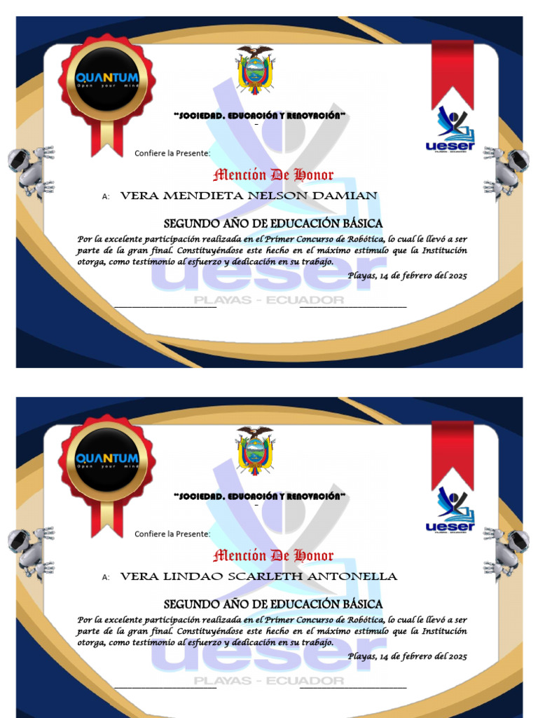 Diplomas Primer Concurso de Robotica UESER 2024 | PDF | Ecuador ...
