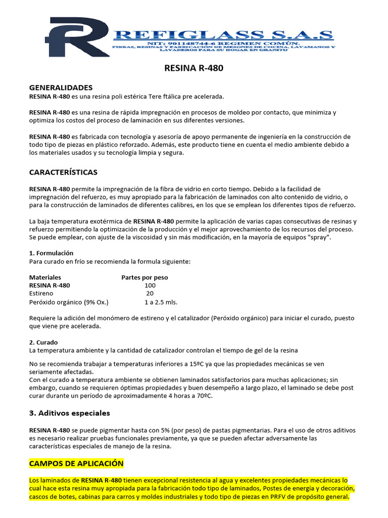 Resina R-480 | PDF | Laminado (metalmecánica) | Catálisis