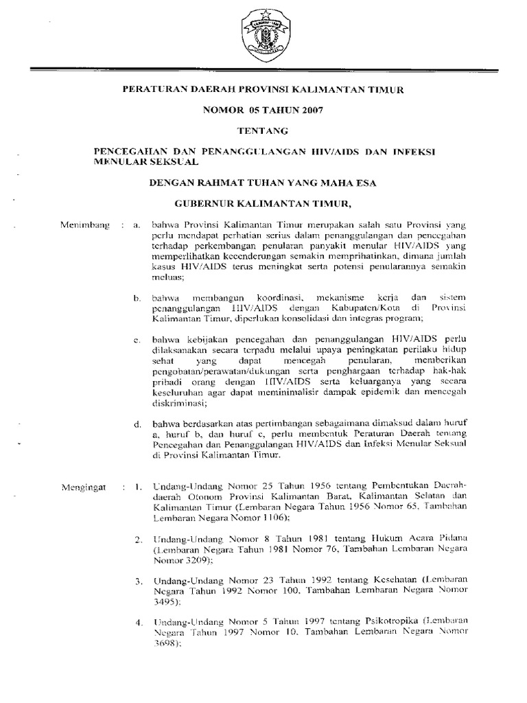 Perda.05.2007 TTG PENCEGAHAN DAN PENANGGULANGAN HIV-AIDS DAN INFEKSI MENULAR SEKSUAL | PDF