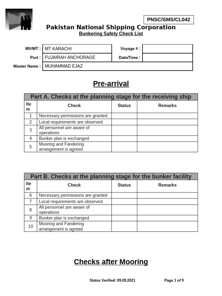 PNSC-SMS-CL042 (Bunkering Checklist) | PDF