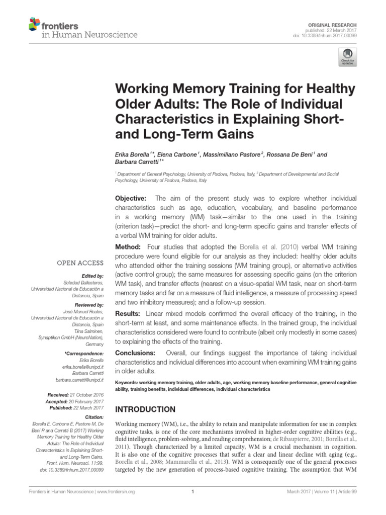 Working Memory Training For Healthy Older Adults The Role of Individual Characteristics in ...